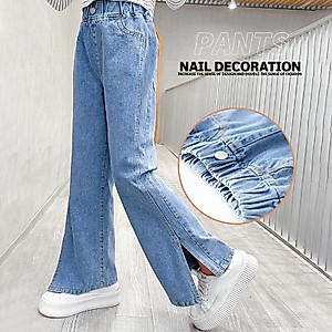 birbyrrly Girls Wide Leg Jeans Kids Baggy Elastic Waist Casual Denim Pants with Pockets Split Blue Tag 150-9-10 Years