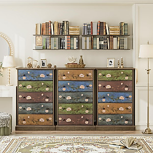 FINETONES 5 Drawer Dresser, Wood Dresser Boho Dresser Chest of Drawers, Tall Dresser with Large Storage Space, 16.3D x 23.6W x 39.4H Inch Wood Dresser Accent Dresser for Home Office