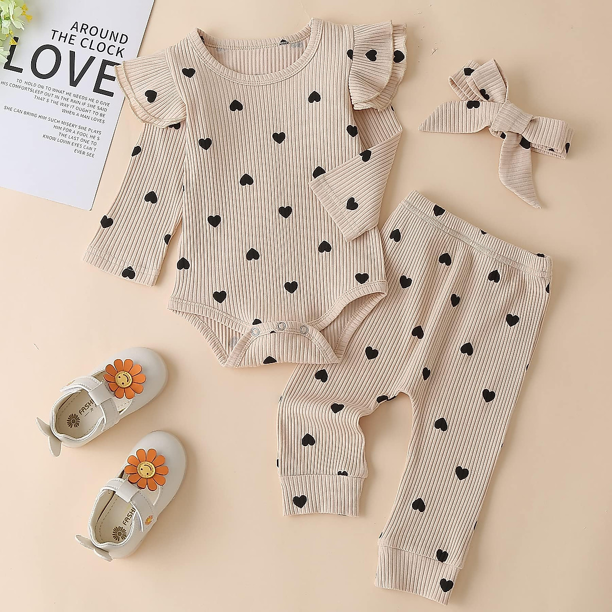 Fullfamous Infant Baby Girl Clothes Outfits,Fall Winter Romper Christmas Clothing Set 0-3 months Ecru Heart