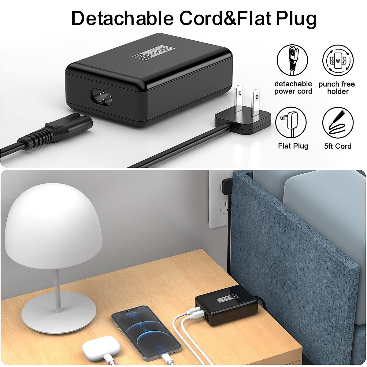 Fast Charger USB C 100W, 5 Ports Charging Blocks Ultra Thin Flat Plug, USB Charging Hub with 360° Rotated Adhesive Punch-Free Holder, Charging Station for Laptops, Tablets, Cellphones Stuff