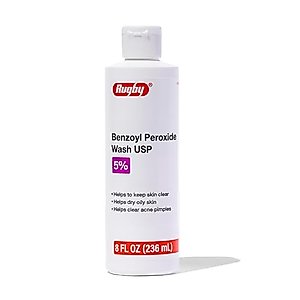 Rugby Benzoyl Peroxide Wash USP 5% - Helps to Clear Acne Pimples and Dry Oily Skin - Acne Medication - 8 Fl. Oz.