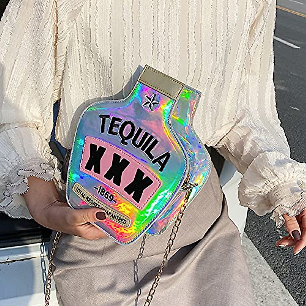 Fozehlad Women Cute Sequins Crossbody Bags Tequila Bottle Shaped Shoulder Handbags Elegant Evening Purse for Girls