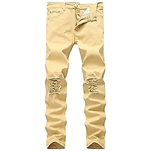 Men's Ripped Distressed Destroyed Jeans Stretch Vintage Hip Hop Jean with Holes Straight Leg Slim Fit Denim Pants (Khaki,31)