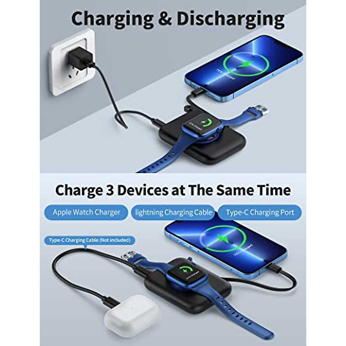 RORRY Portable Apple Watch Charger,5000mAh iWatch Wireless Charger Power Bank with Built in Cable,Travel Keychain Charger for Apple Watch Series 8/Ultra/7/6/Se/5/4/3/2,iPhone 14/13/12/12/11