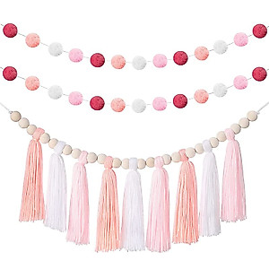 3PCS/Set Boho Tassel Garland, BetterJonny Boho Tassel Garland Tassel Wall Hanging Decor Pastel Tassel Banner with Wood Beads and 2Pcs Pom Pom Garland Felt Ball Garland for Home and Outdoor Decor