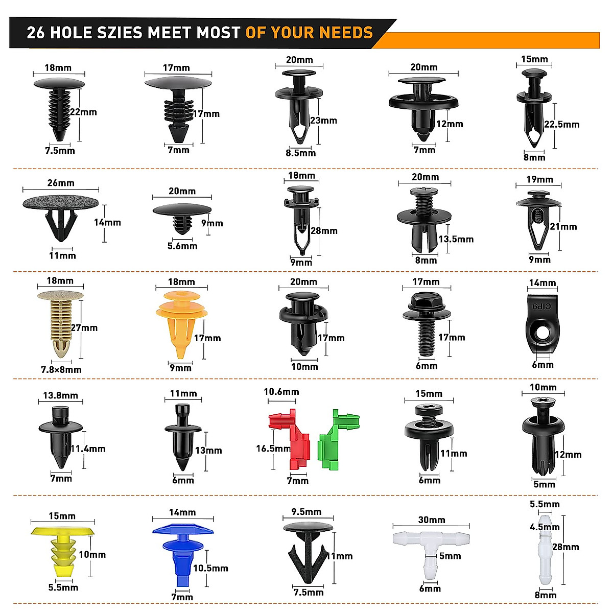 GOOACC 860Pcs Car Push Retainer Clips & Auto Fasteners Assortment -26 Most Popular Sizes Nylon Bumper Fender Rivets with 10 Cable Ties and Fasteners Remover for Toyota GM Ford Honda Chevy