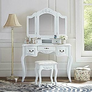 WINVOX Vanity Set, White Tri-Folding Mirror Vanity Set 5 Drawers Dressing Table Makeup Desk Stool ZLYCFCDUS