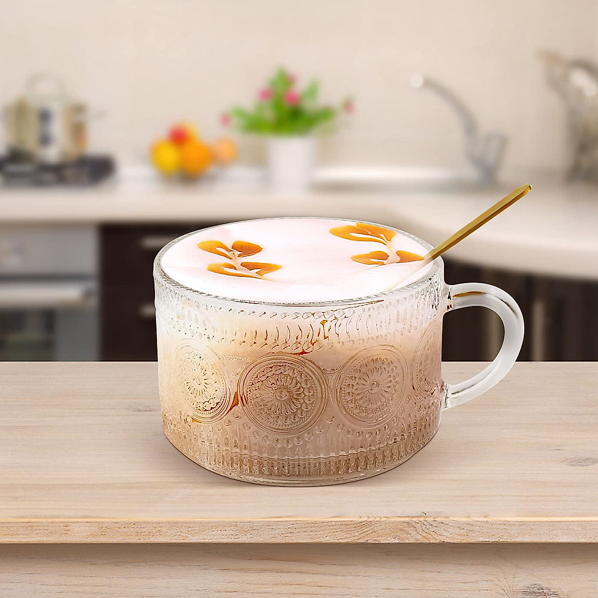 Paysky Vintage Coffee Mugs Set of 2, 14 oz Glass Coffee Cups Gift for Cappuccino, Latte, Coffee Bar Accessories, Overnight Oats Containers