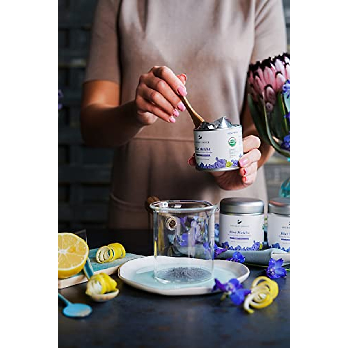 Ancient Choice - Blue Matcha (50 grams) | USDA Organic | Butterfly Pea Flower Powder Tea | Medium Grind | Sun-dried in Thailand | Non-GMO | No Plastic | Non-Plastic Packaging | Gourmet Superfood