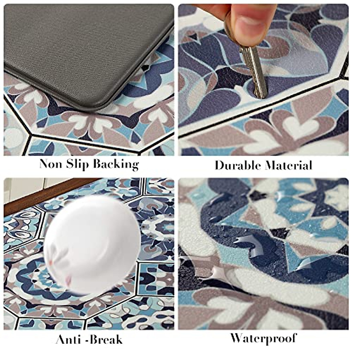 Jabogrii Anti Fatigue Kitchen Mat Set of 2 Blue Cushioned Kitchen Rugs Comfort Floor Mat PVC Waterproof Non Slip Kitchen Carpet Rug Runner for Sink Laundry 17"x48"+17"x28"
