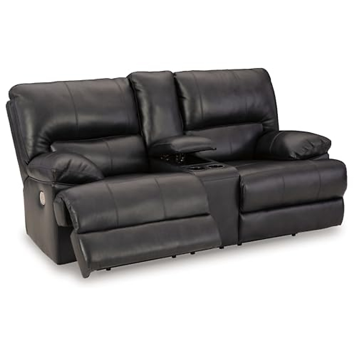 Signature Design by Ashley Mountainous Modern Leather Match Wall Hugger Power Reclining Loveseat with Adjustable Headrest, USB Ports, Storage and Cup Holders, Black