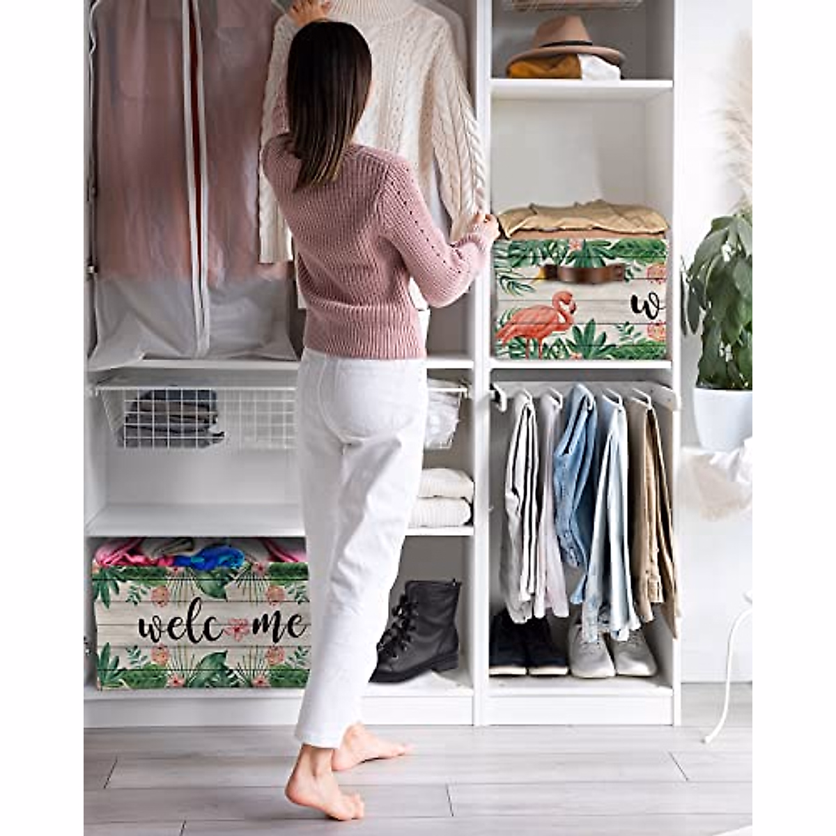 Storage Basket Tropical Plants Flower Large Foldable Storage Bins with Handles Flamingo Palm Leaf Wood Grain Waterproof Fabric Laundry Baskets for Organizing Shelves Closet Toy Gifts Bedroom Home Decor