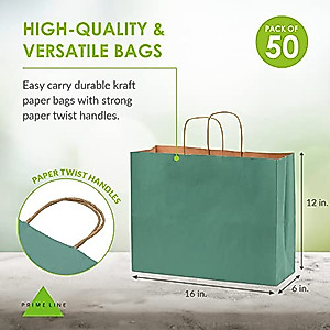Green Gift Bags - 16x6x12 Inch 50 Pack Large Kraft Paper Gift Wrap Bags with Handles, Craft Totes for Small Business, Boutiques & Retail, Shopping, Gift Wrapping, Birthdays, Parties, Events, in Bulk