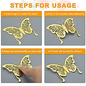 3D Butterfly Wall Decor, 48 Pcs 4 Styles 3 Sizes, Removable Butterfly Wall Stickers Gold Butterflies for Party Cake Decorations Kids Bedroom Nursery Classroom Wedding Decor DIY Gift (Gold)