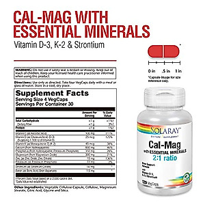 Solaray Cal-Mag with Essential Minerals | Calcium, Magnesium, Strontium, Vitamins D-3 & K-2 | 30 Serv | 120 VegCaps