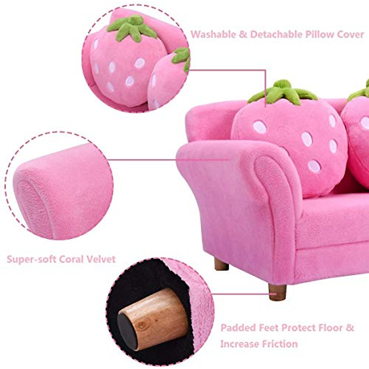 GLACER Kids Sofa with 2 Pillows, Pink Toddler Couch with Wooden Frame and Coral Fleece Surface, Toddler Lounge Bed 2 in 1, Baby Sofa Chair Children Armchair for Girls