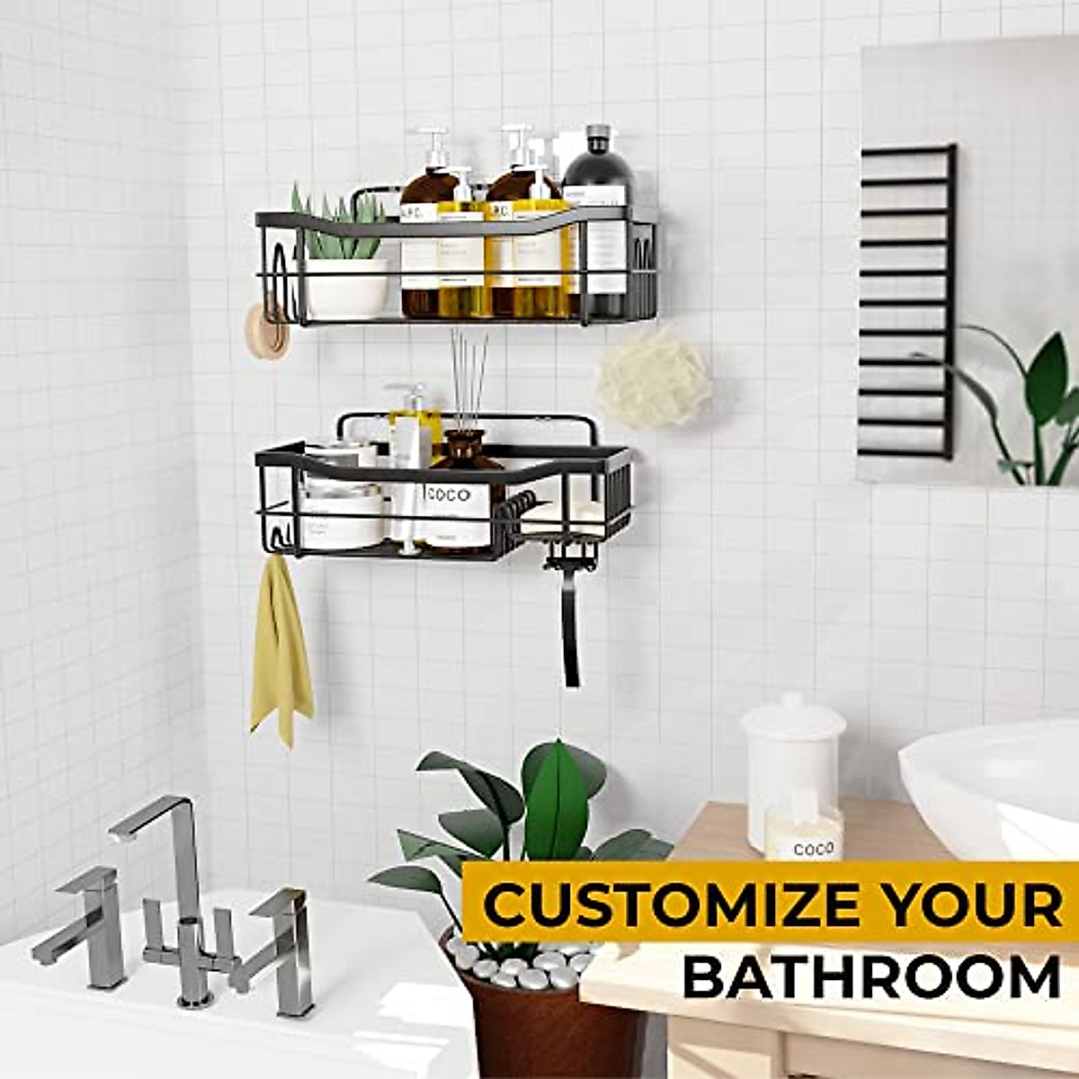 MAYRO Rustproof Shower Caddy - Easy to Install Shower Shelves - Self Adhesive Bathroom Shower Organizer - Durable Shower Shelf for Inside Shower - Large Capacity Shower Rack - Black Shower Caddy