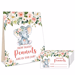 Yuzioey Pink Elephant Guess How Many Peanuts Baby Shower Game, 50 Cards and Matching Standing Sign, Girl Elephant Baby Shower Guessing Game