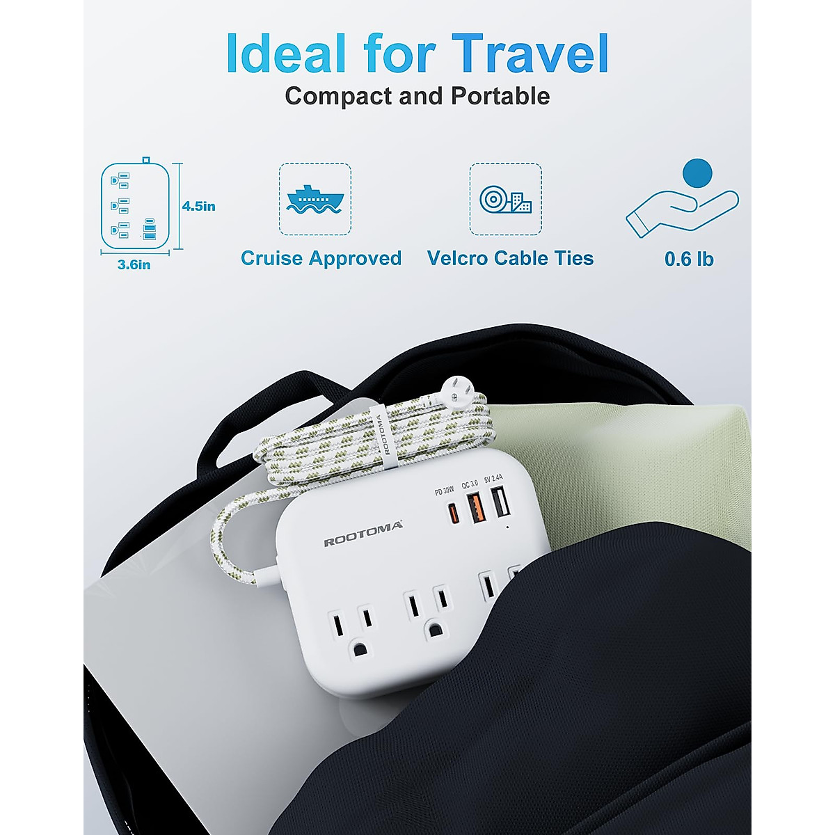Power Strip with USB C, 3 Outlets 3 USB Ports, Desktop Charging Station with 5 Ft Braided Extension Cord and Flat Plug, Compact for Cruise Ship, Travel, Home, Office, White