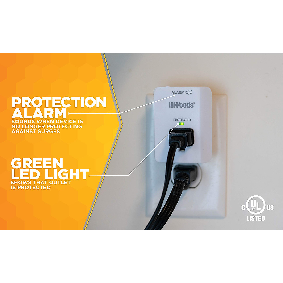 Woods 41008 Surge Protector One 3-prong Power Outlet LED Indicator Light and Alarm, 1080J, White