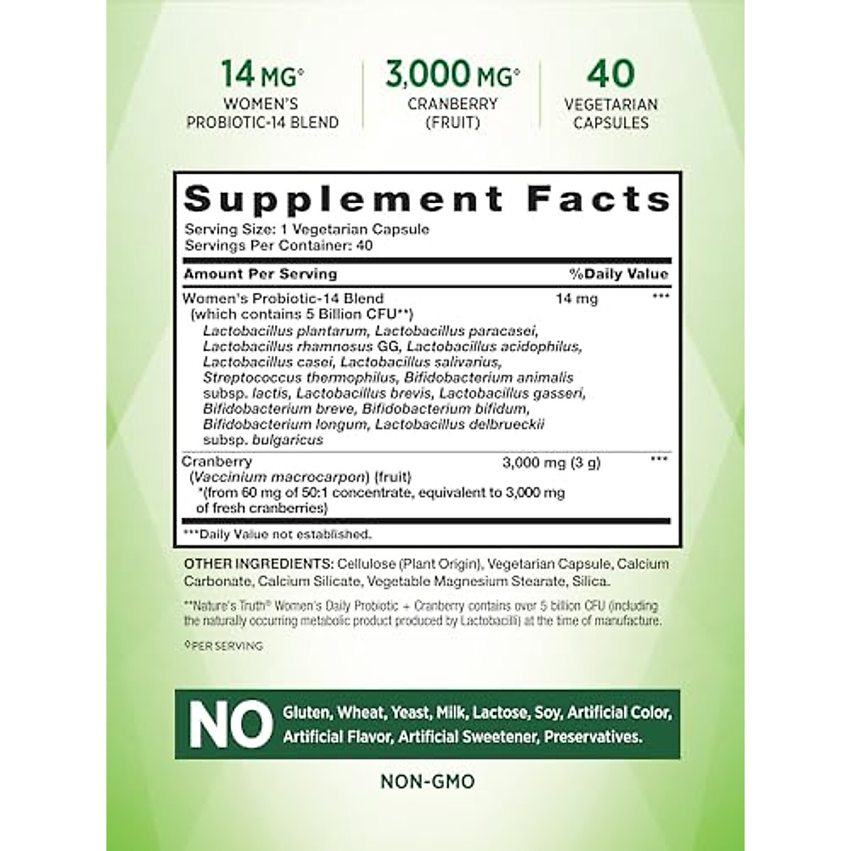 Nature's Truth Probiotics for Women | 5 Billion CFUs Daily | 40 Vegetarian Capsules | with Cranberry | Non-GMO & Gluten Free | No Refrigeration Needed
