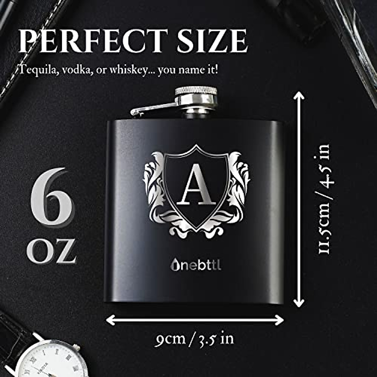 Onebttl Flasks for Liquor with Initials, Monogrammed Stainless Steel 6oz Hip Flask for Men Women, Funny Personalized Gift for Dad, Grandpa, Boss for Birthday, Father's Day, Boss Day, Christmas - G