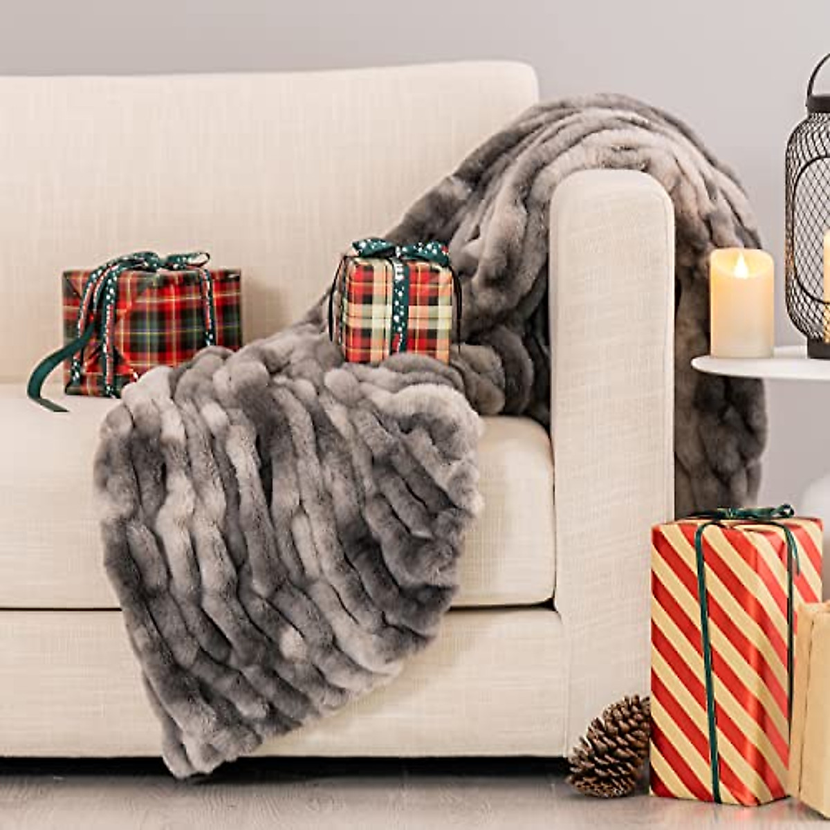 RECYCO Soft Rabbit Faux Fur Throw Blanket, Luxurious Ruched Blanket for Christmas Holiday, Couch, Bed, Living Room, Sofa. Fuzzy, Warm Throw Blanket with Reversible Mink Velvet, Marbled Grey, 50"x60"