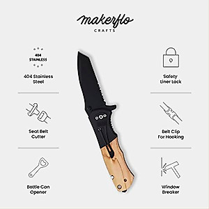makerflo Beast Tactical Folding Pocket Knife with Natural Wood Handle -Spring Assisted, Multitool with Glass Cutter,Seatbelt Opener & Belt Clip -Ideal for Camping, Hiking, Self Defense,Survival,1pc