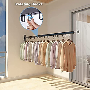 MYOYAY Wall Mounted Folding Clothes Hanger Space-Saver, Indoor/Outdoor Adjustable Clothes Drying Rack, 220 LBS Retractable Dry Coat Hanger for Laundry Room, Storage Organiser Instant Closet,Black