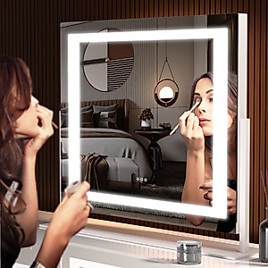 Hasipu Vanity Mirror with Lights, 24.2" x 19.7" LED Makeup Mirror, Light up Mirror with 10X Magnification and USB, Phone Holder, Smart Touch 3 Colors Dimmable, 360° Rotation (Right Angle White)