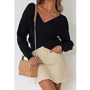 ZCSIA Women's Wrap V Neck Cropped Sweaters 2023 Fall Long Sleeve Cross Front Off Shoulder Solid Knitted Pullover Tops,Black,XLarge