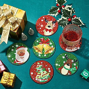 Kajaia 6 Pcs Christmas Diamond Painting Coasters, Christmas Round Diamond Painting Coasters with Holder Xmas Christmas Diamond Art Kits for Beginner Adults Kids Christmas Table Decor Supplies