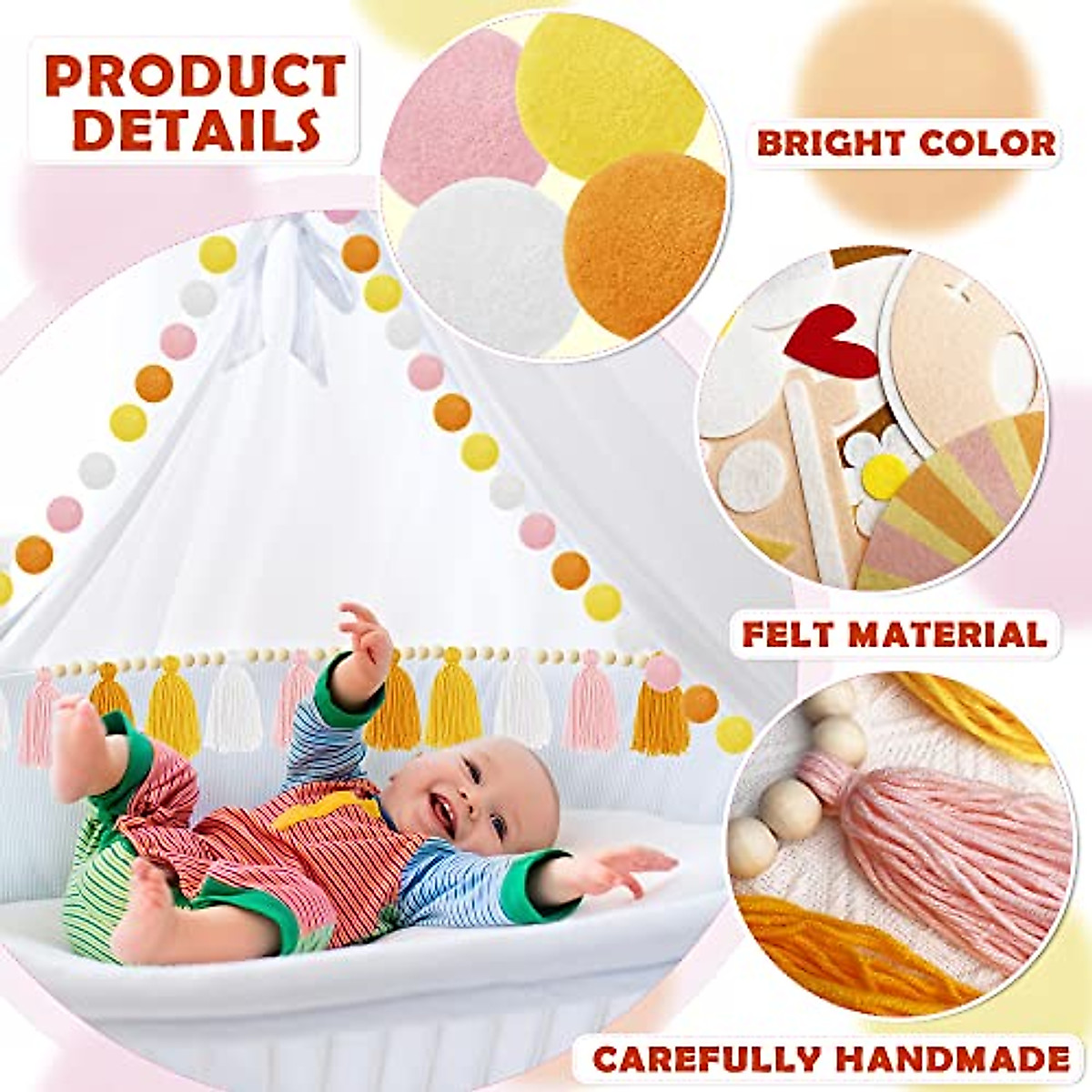 Groovy Party Decoration Garland 5Pcs, Groovy Hippie Banner Daisy Boho Tassel Garland Decor, Pre Strung Pom Pom Spring Party Supplies Hippie Party Decorations for Wall Window Home Room (Pink)