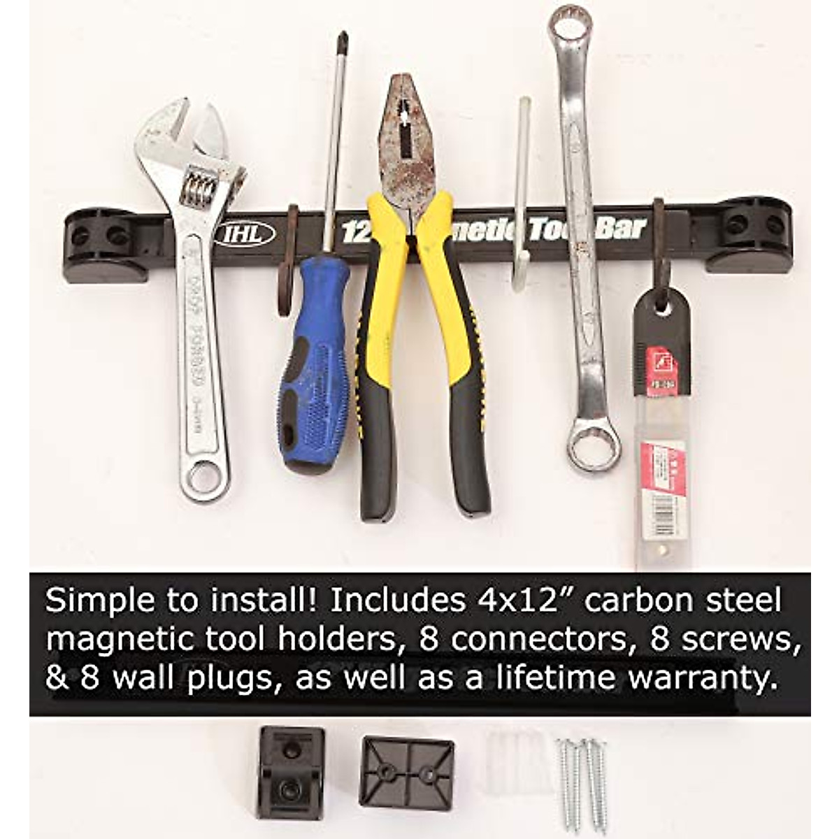 Inspired Home Living 12 Inch Magnetic Tool Holder 4 Pack - Heavy Duty Tool Organizer for Wall Mounting in Garage Workshop Workbench - Brackets Screws Drywall Anchors Hooks Included