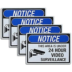 4-Pack Aluminum Security Notice Signs, 14x10 inches, UV Printed - This Area is Under 24 Hour Video Surveillance Signs - Durable Warning for Home, Office & Business Safety