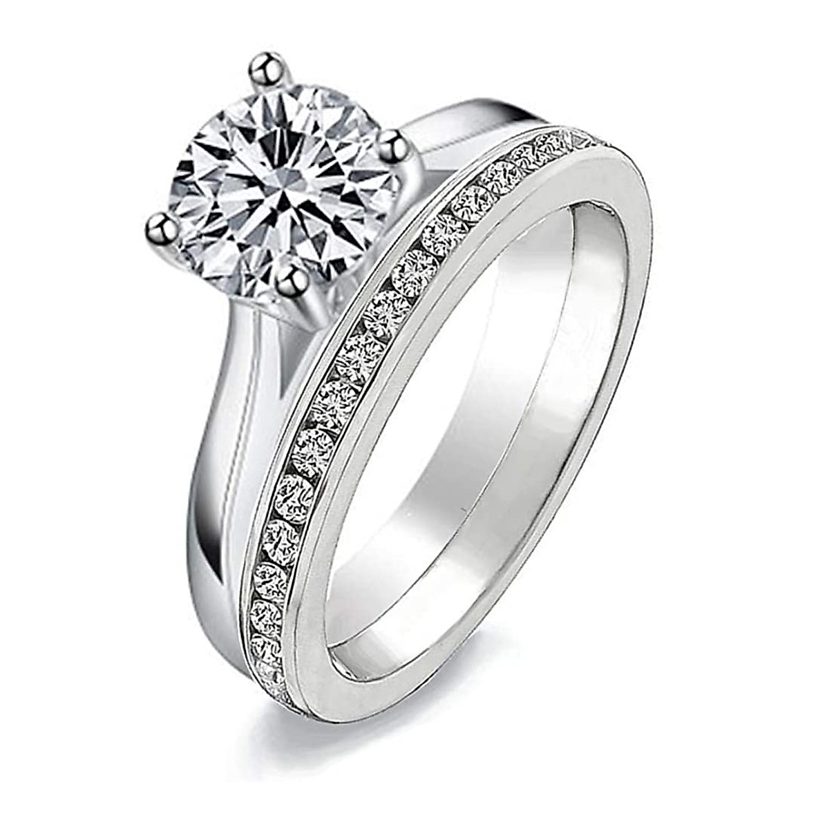 Diamonbella 10 Hearts & 10 Arrows 2 Carats Simulated Diamond Solitaire Classic Ring Band Set 925 Silver soliset45 (5)