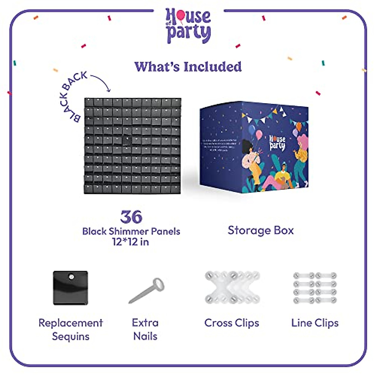 HOUSE OF PARTY Black Shimmer Wall Backdrop -36 Panels Square Sequin Shimmer Backdrop for Birthday Wedding Anniversary Engagement Baby Shower & Bachelorette Decorations Party