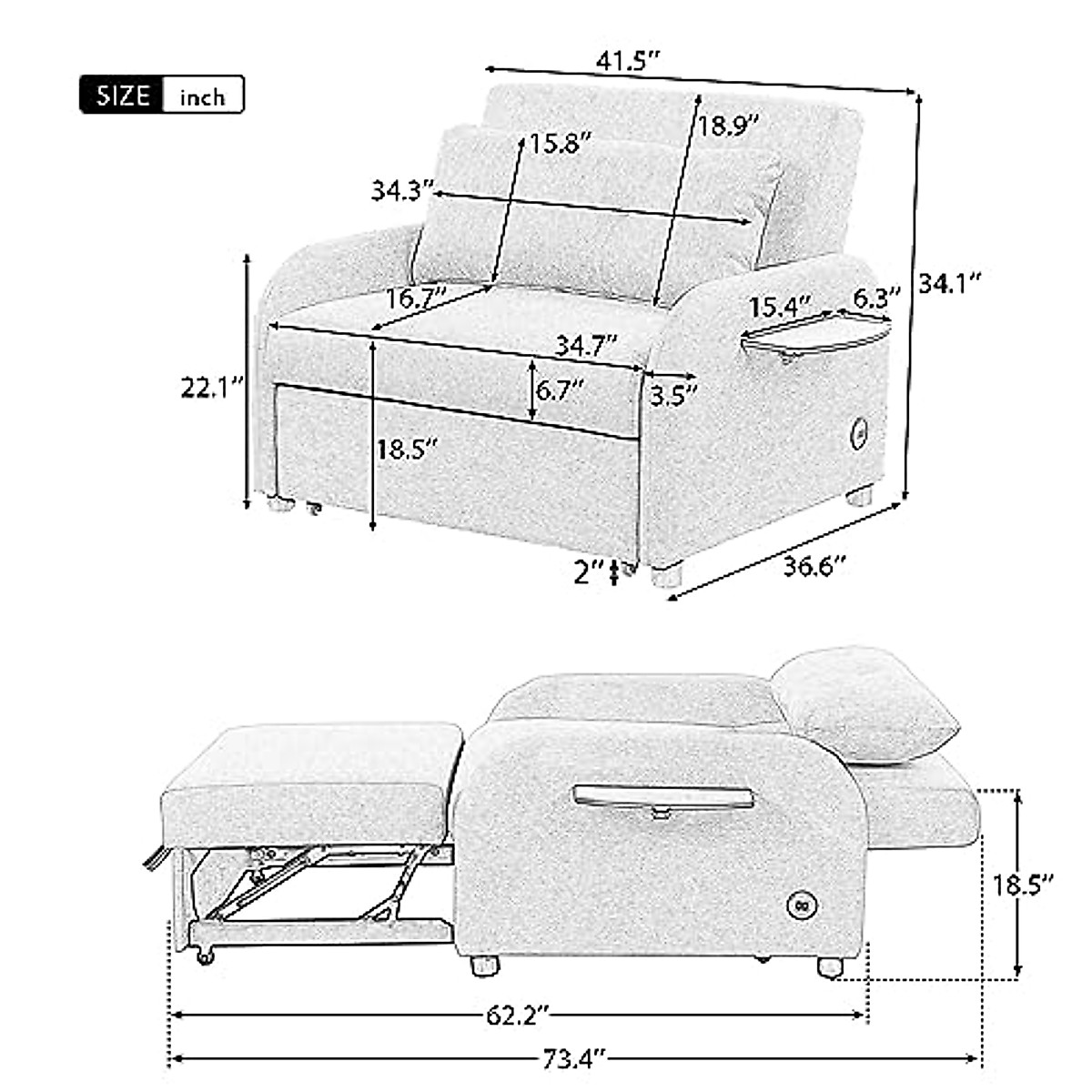 3-in-1 Pull Out Sleeper Couch Bed Adjustable Backrest Single Recliner for Lounge, and USB Charge for nap line Fabric for Lounge, Reading, Sleeping, Black