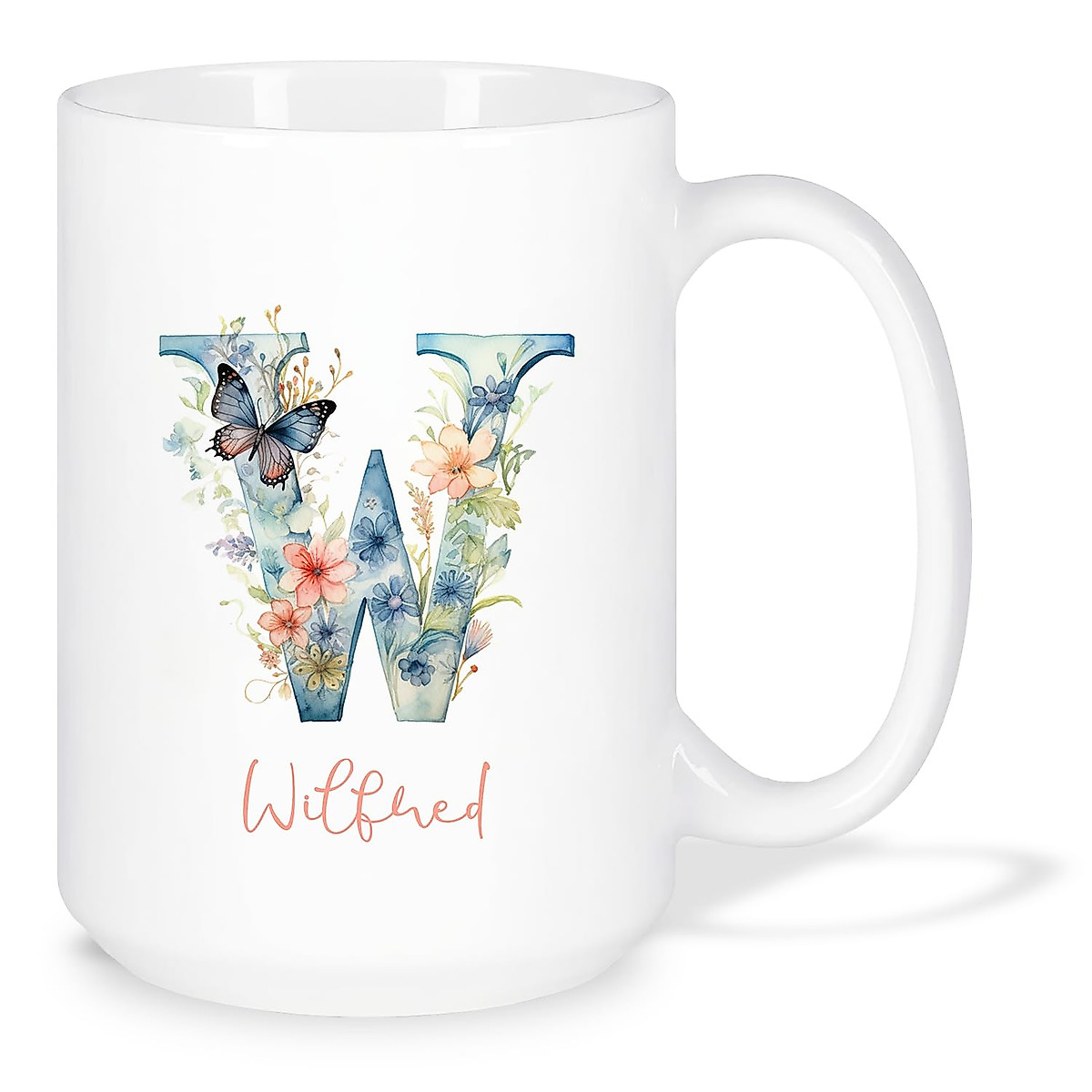 Personalized Colorful Flower Butterfly Initial Letter Ceramic Mug, Custom Name & Initial Letter W Monogrammed Alphabet Coffee Cups, Perfect Monogrammed Mugs Presents, Name Tea Cups