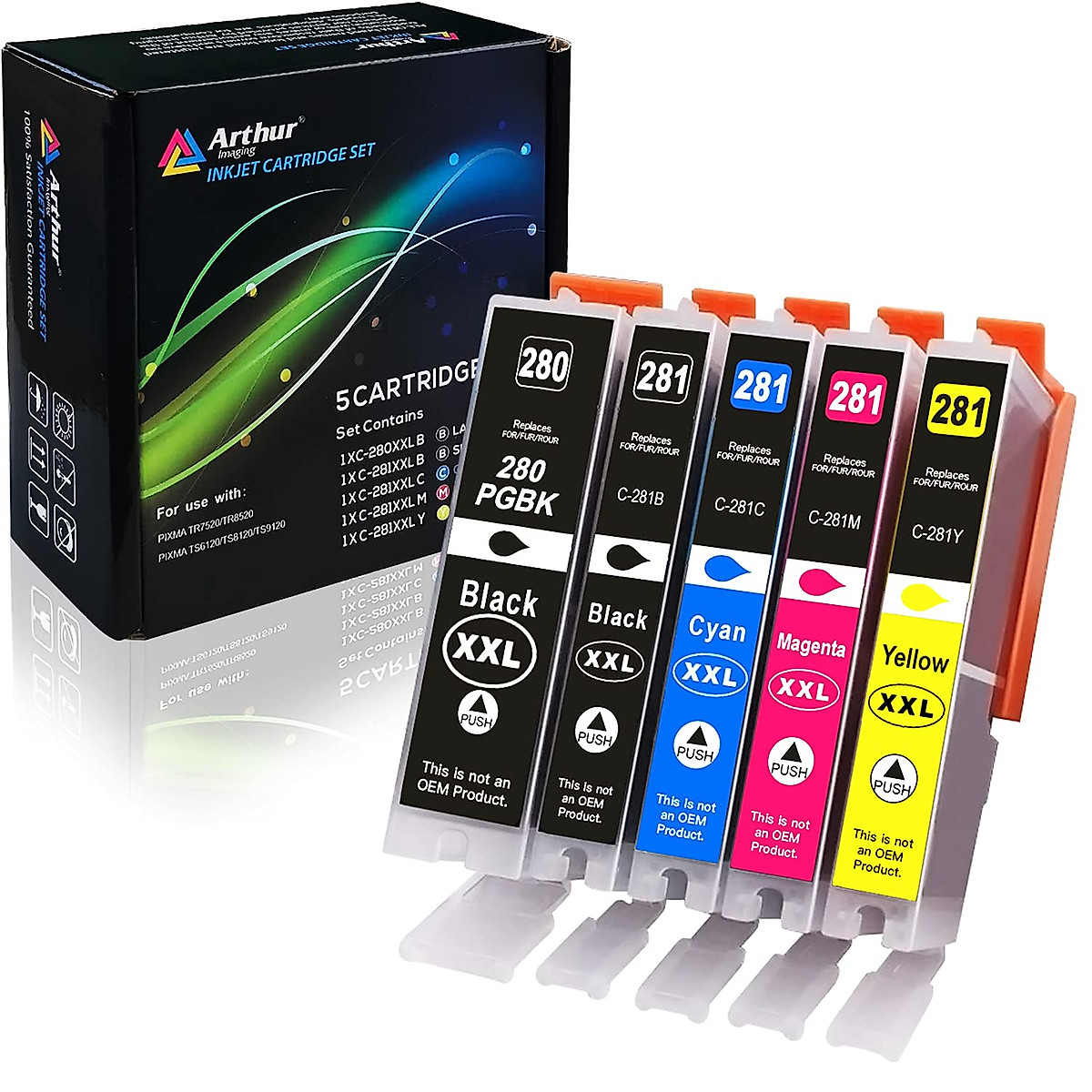Arthur Imaging Compatible Canon Ink cartridges 280 and 281 Replacement PGI-280XXL CLI-281XXL PGI 280 XXL CLI 281 XXL PIXMA TR7520 TR8520 TS6120 TS6220 TS8220 TS9120 TS9520 TS9521C Printer (5 Pack)