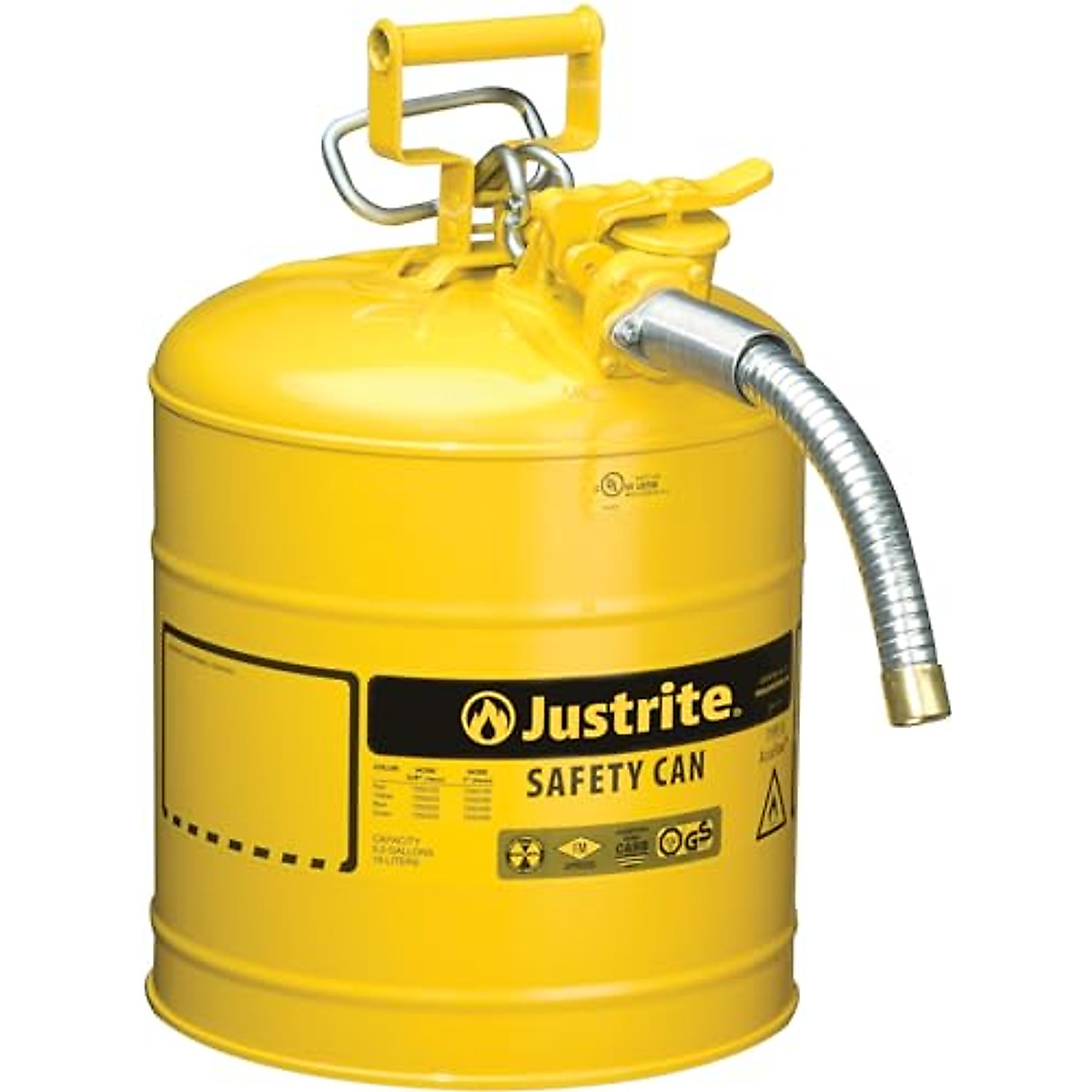 Justrite 5 Gallon Type II Yellow Safety Can for Diesel with Flame Arrester, Self-Closing Lid, and 1" Flexible Metal Spout, Made in the USA, Galvanized Steel Flammable Storage Can, 7250230