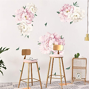 Peony Flowers Wall Sticker Waterproof PVC Rose Flowers Wall Decals Removable Floral Wall Decor Sticker for Living Room Bedroom Nursery Room