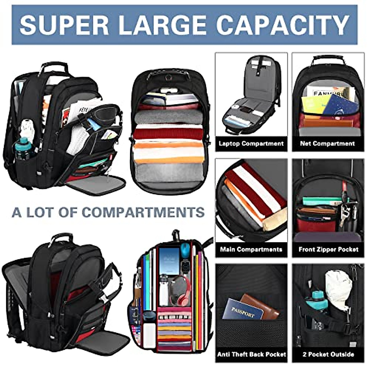 18.4 Laptop Backpack for Men, 60L Extra Large Gaming Laptops Backpack with USB Charger Port,TSA Friendly Flight Approved RFID Anti-Theft Pocket Heavy Duty Durable Computer Bag Backbag