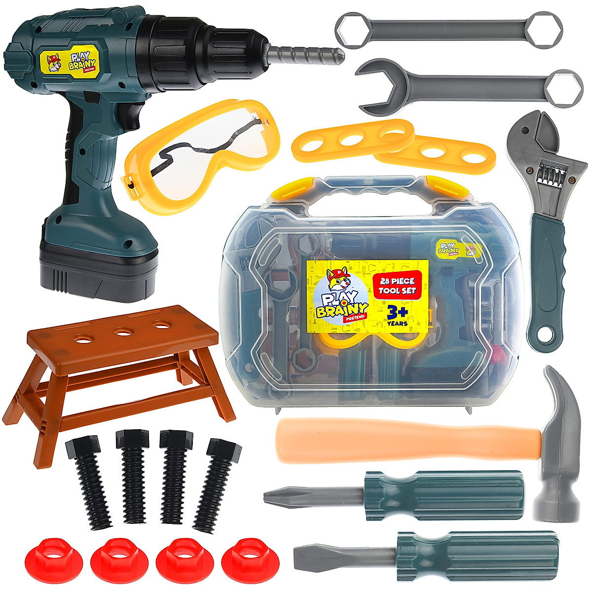 Play Brainy Pretend Kids Tool Kit with Toolbox, Heavy-Duty Plastic Electric Drill, Wrenches, Hammer, Screws, and Faux Wood Toys, Educational Early Learning Building and Construction (23 Pcs)