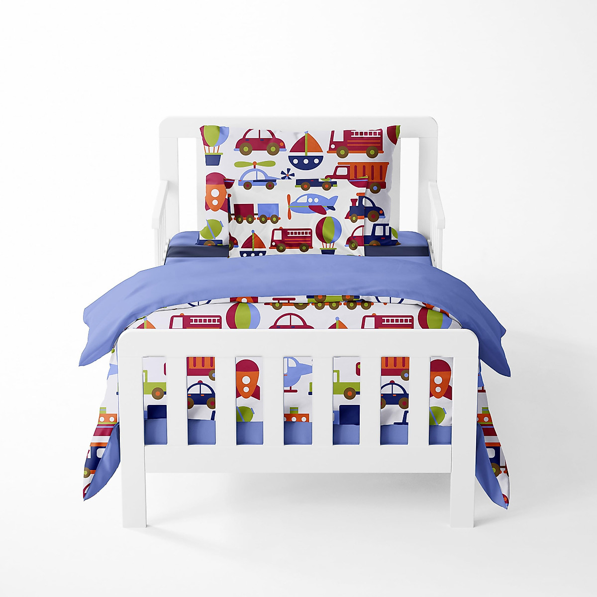 Bacati - Transportation Blue 4 Piece Boys Toddler Bedding Set 100 Percent Cotton Includes Reversible Comforter, Fitted Sheet, Top Sheet, and Pillow Case for Boys