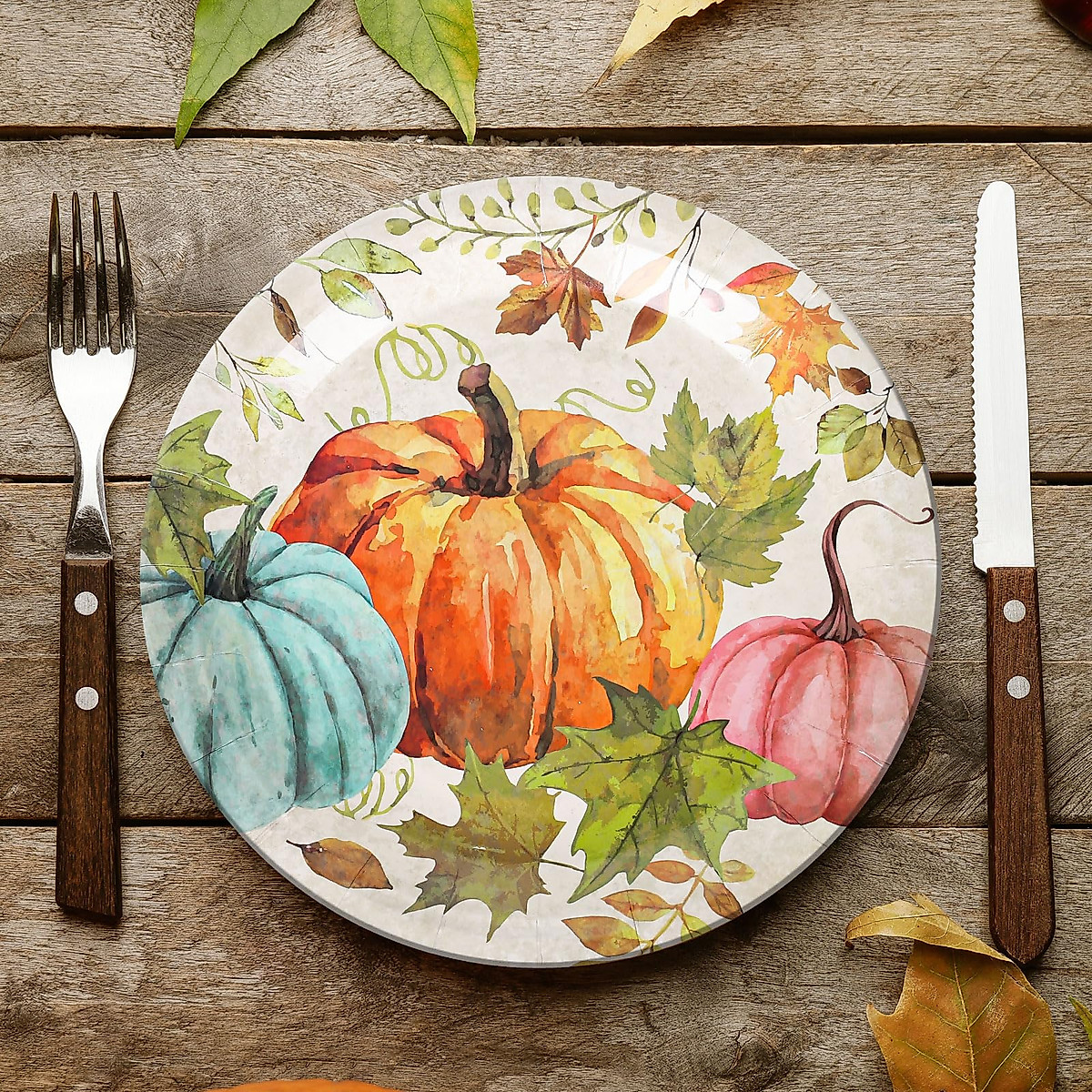 AnyDesign 40Pcs Thanksgiving Fall Paper Plates Watercolor Pumpkins Round Disposable Plates Retro Pumpkin Harvest Design Plates for Fall Theme Party Holiday Banquet Dinnerware Supplies