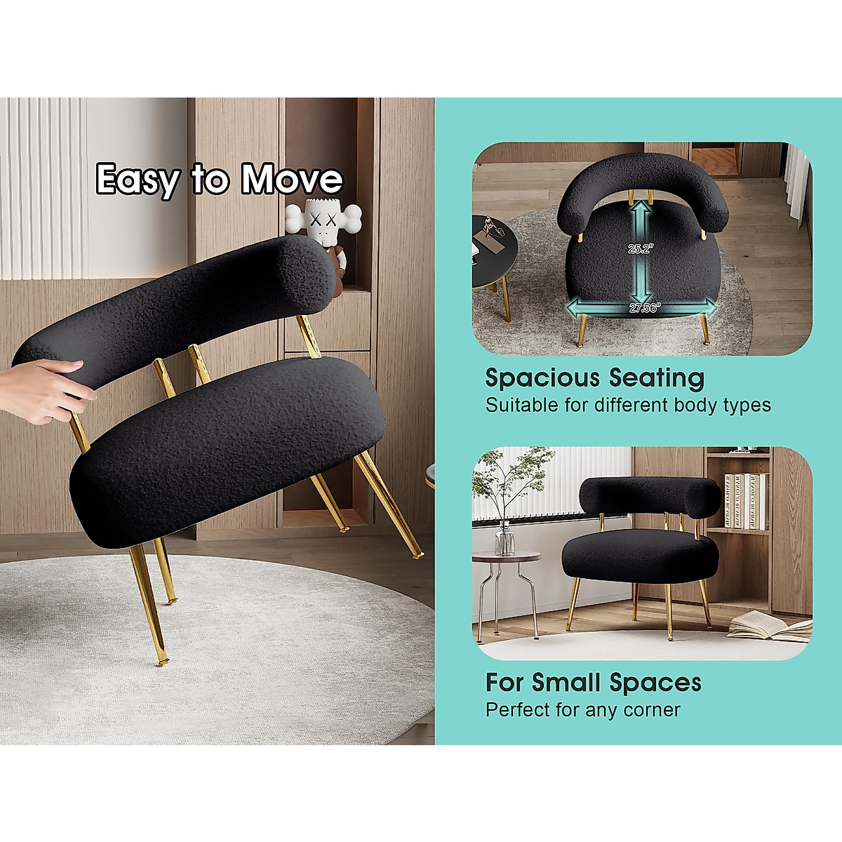 SEYNAR Mid Century Sherpa Boucle Accent Chair, Round Upholstered Barrel Arm Chair for Small Spaces, Fluffy Side Corner Sofa Chair for Living Room, Bedroom, Vanity, Office, Reading Nook(Black)