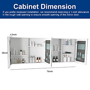 Poeyleja Medicine Cabinet Mirror, 72 * 26 Bathroom Mirror with Storage Recessed or Surface Wall Mounted Medicine Cabinets for Bathroom Waterproof and Rust-Resist Concealed Storage Door