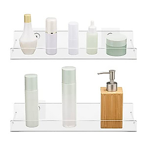 Navaris Acrylic Shower Shelves - Set of 2 - No Drilling Clear Bathroom Shelves - Self Adhesive Wall Mounted Transparent Shelf - 15"x3.9"x2.7" - 2-Pack