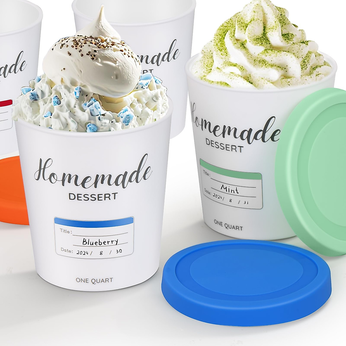 DIKENLAND Ice Cream Containers for Homemade, 4 Pack Ice Cream Containers Set 1 Quart Each, Reusable Ice Cream Storage Containers for Freezer with Silicone Lids, Stickers and Scoop